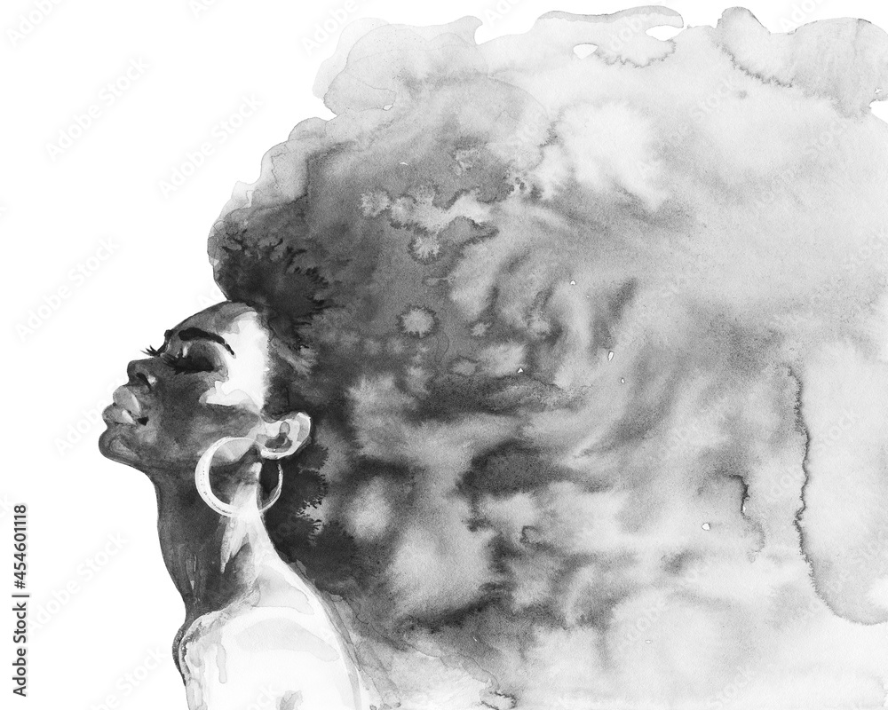 Watercolor african woman. Hand drawn abstract portrait of pretty lady ...