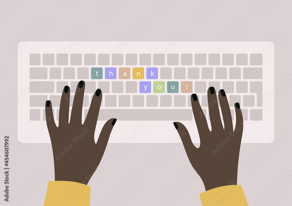 Hands typing Thank you on a keyboard, a top view illustration Stock ...
