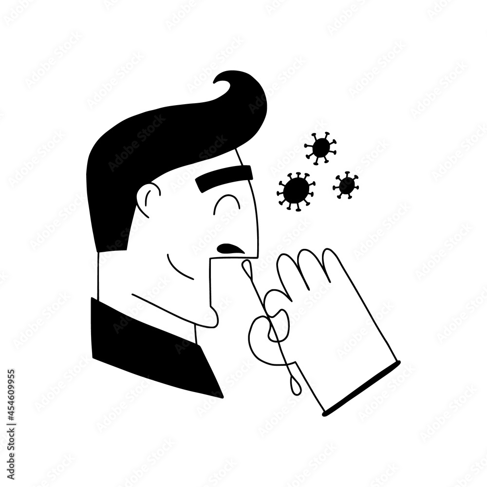 PCR swab test. Hand drawn doodle man testing Covid-19 in medical ...