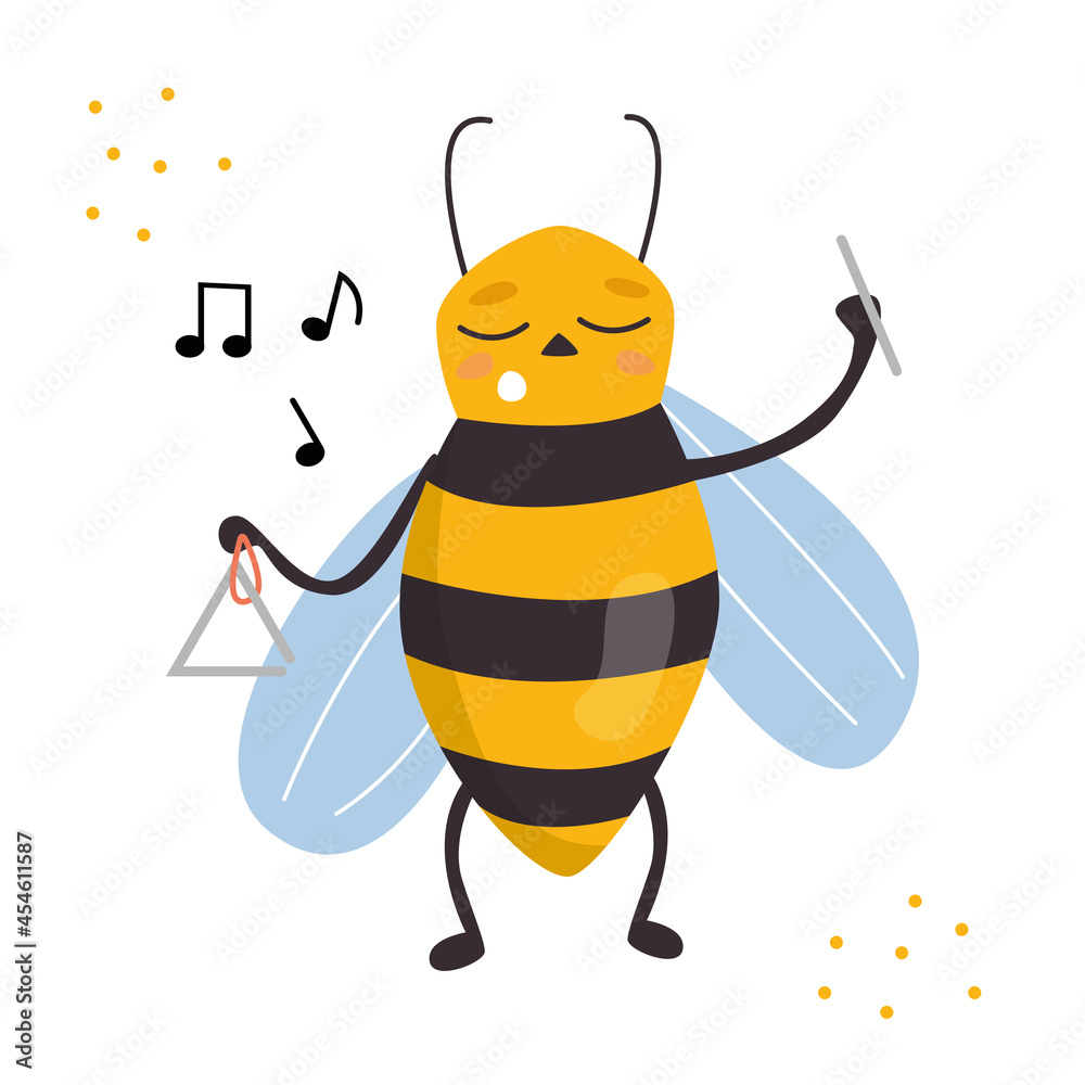 Cartoon yellow bee musician playing on a triangle and singing. Vector ...