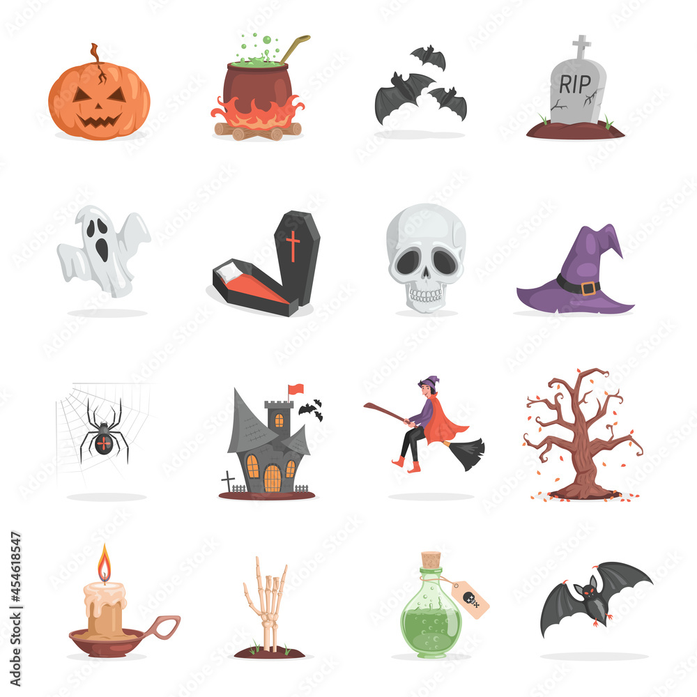 Set of Halloween party items. Scary and ugly pumpkin, pot with poison ...