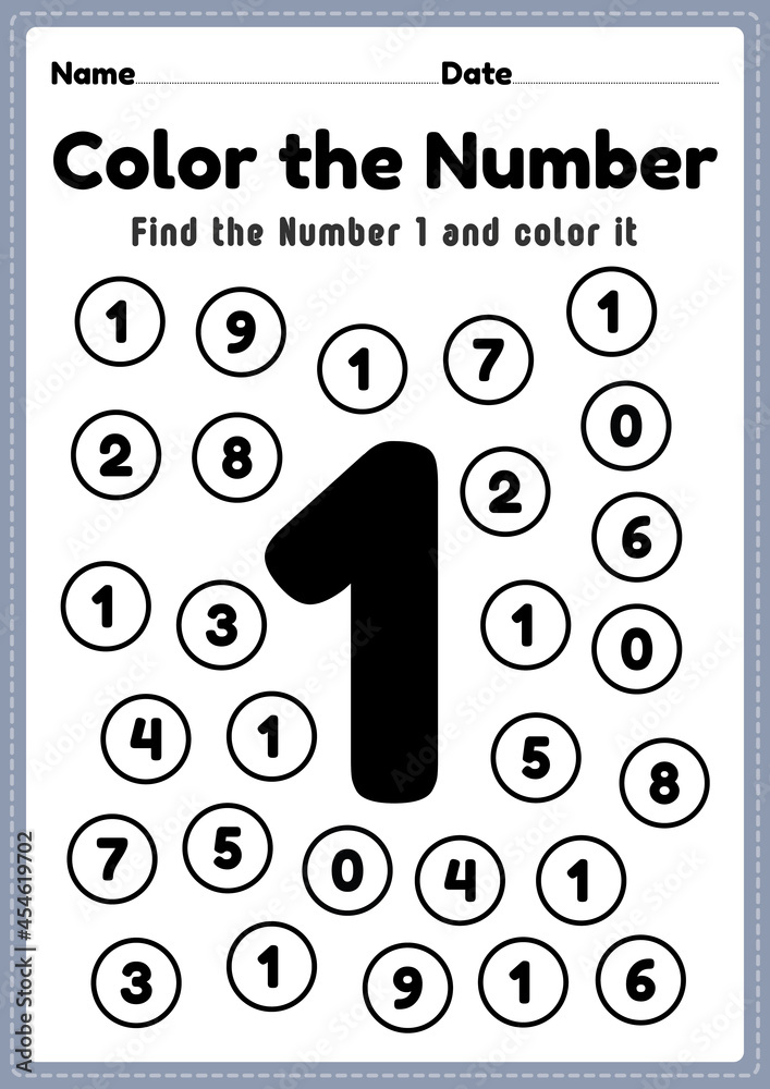 Coloring numbers, number 1 worksheet math printable sheet for preschool ...