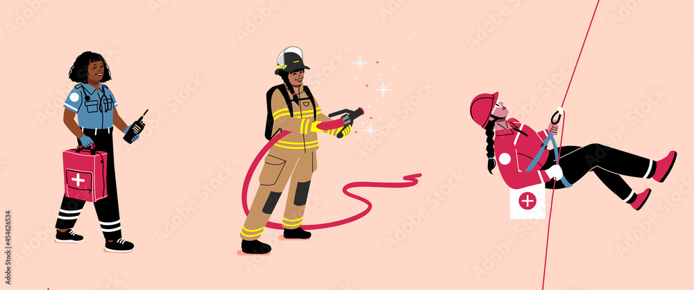 Female first responders in action. Firefighter operating a fire hose ...