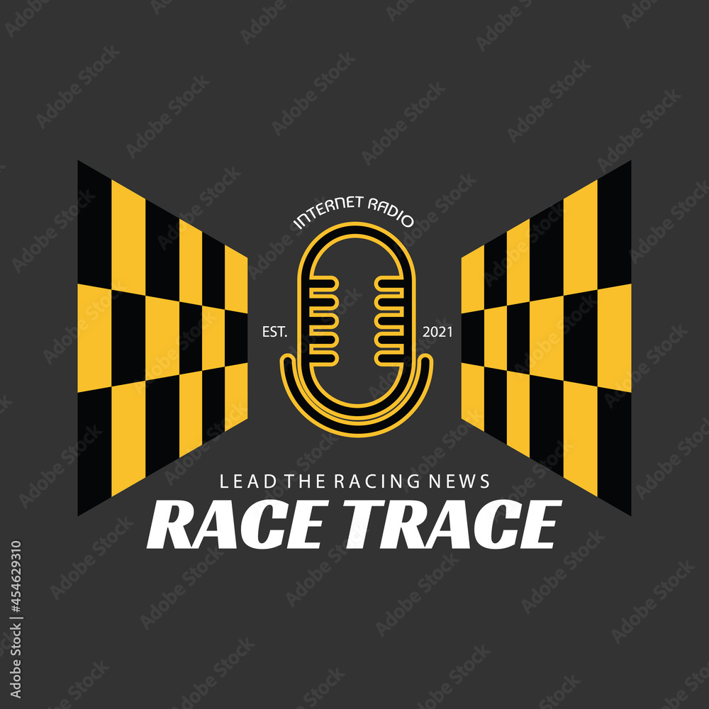 Radio show logo. Flat logo of a microphone radio with checkered start ...