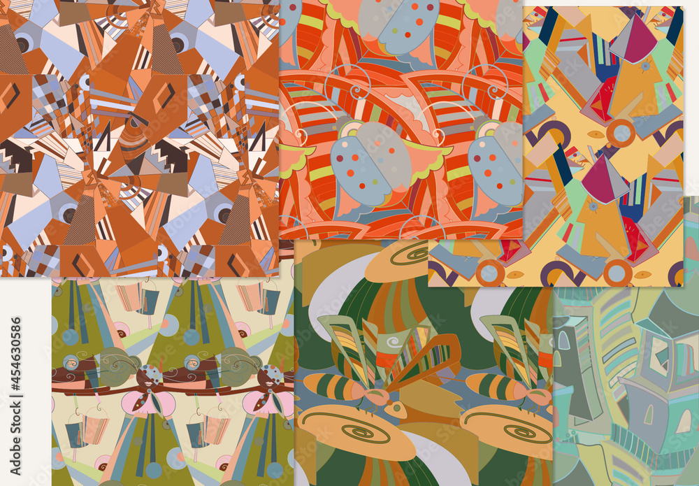 Set of Abstract Seamless Patterns with Cubism Art Elements and Graffiti ...