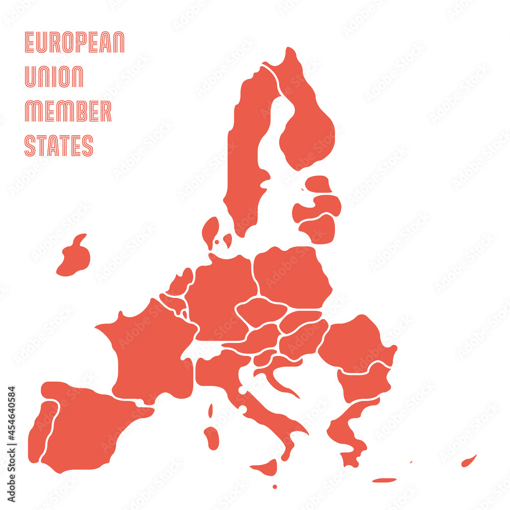 Simplified map of EU, European Union. Rounded shapes of states with ...