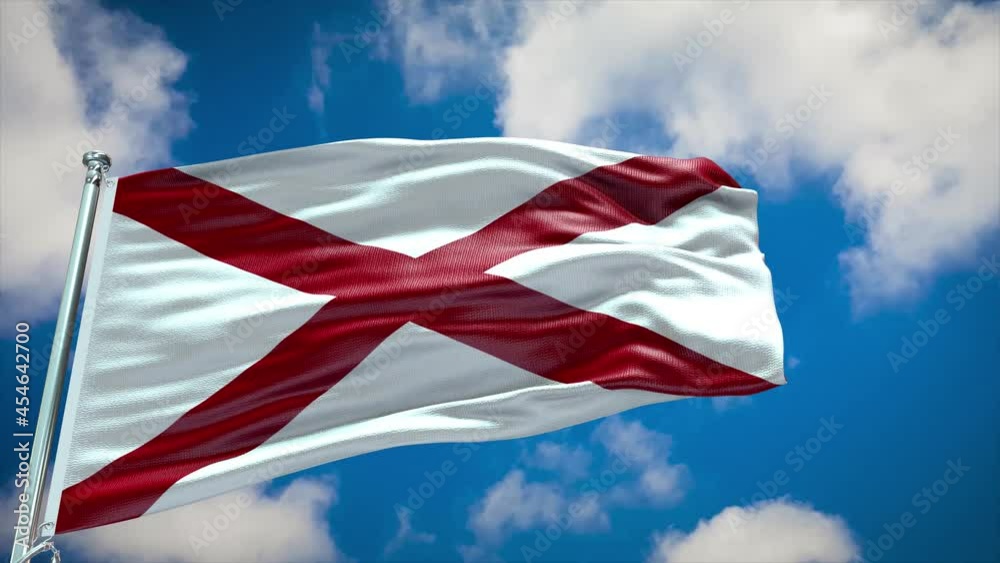 Alabama Flag with texture and reflections waving in blue sky with ...