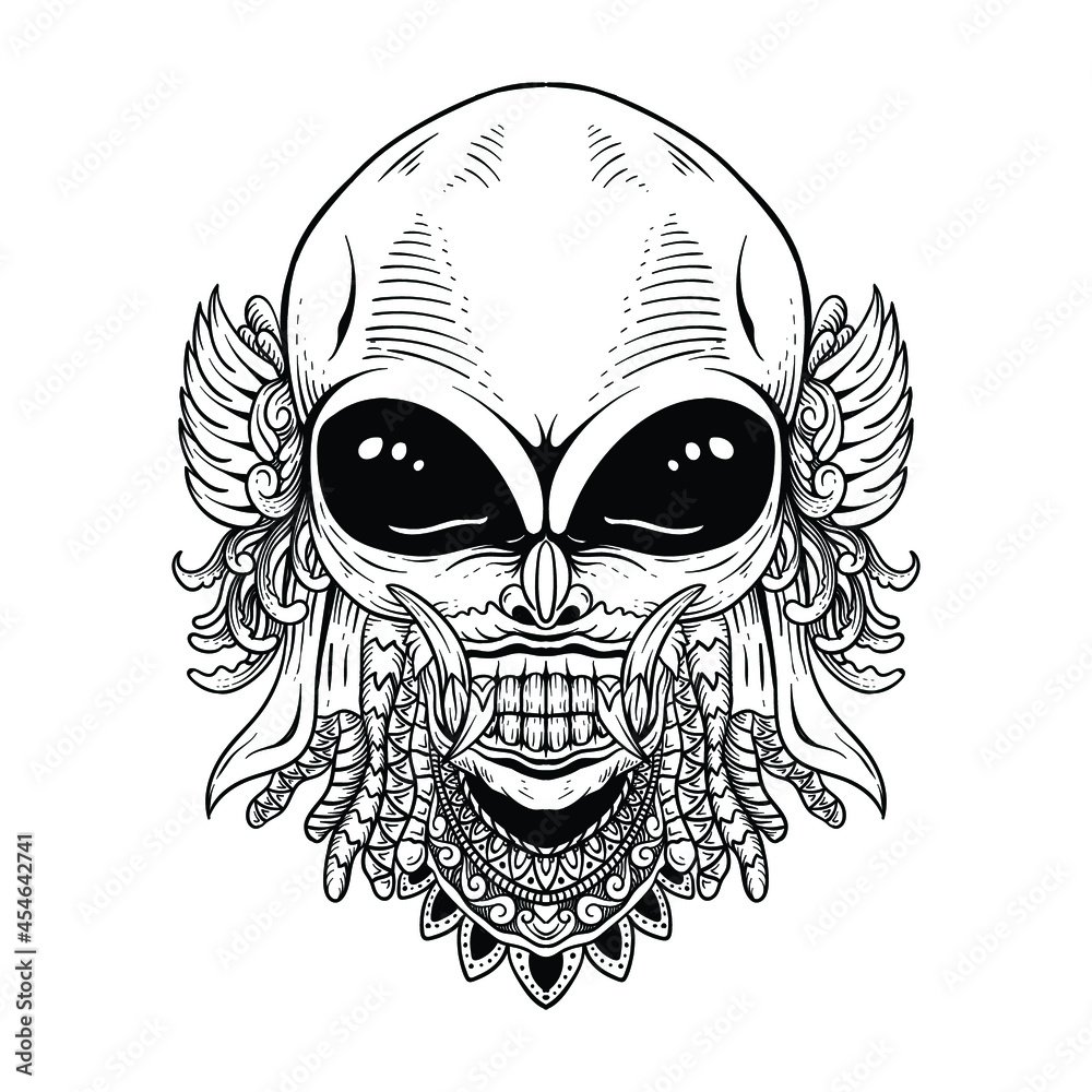 tattoo design hand drawn alien with barong line art black and white ...