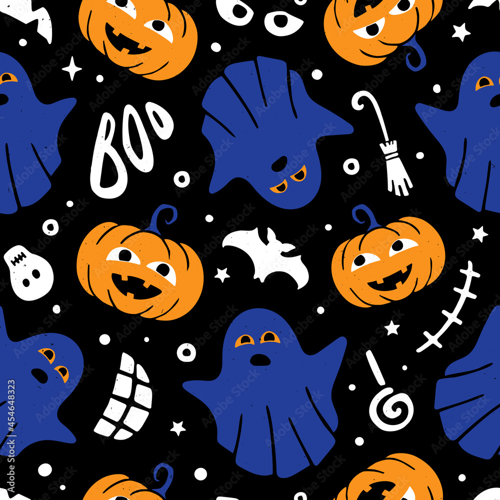 Cute and scary Halloween seamless pattern. Pumpkins, ghosts, teeth ...