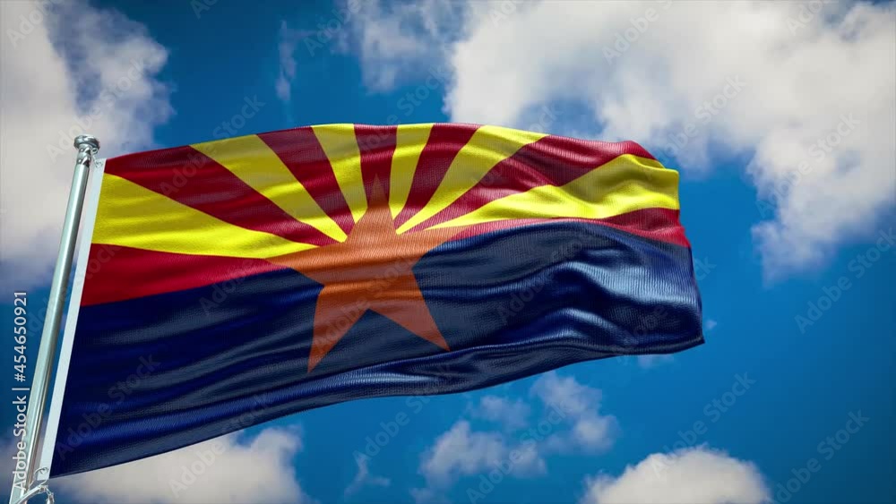 Arizona Flag with texture and reflections waving in blue sky with ...