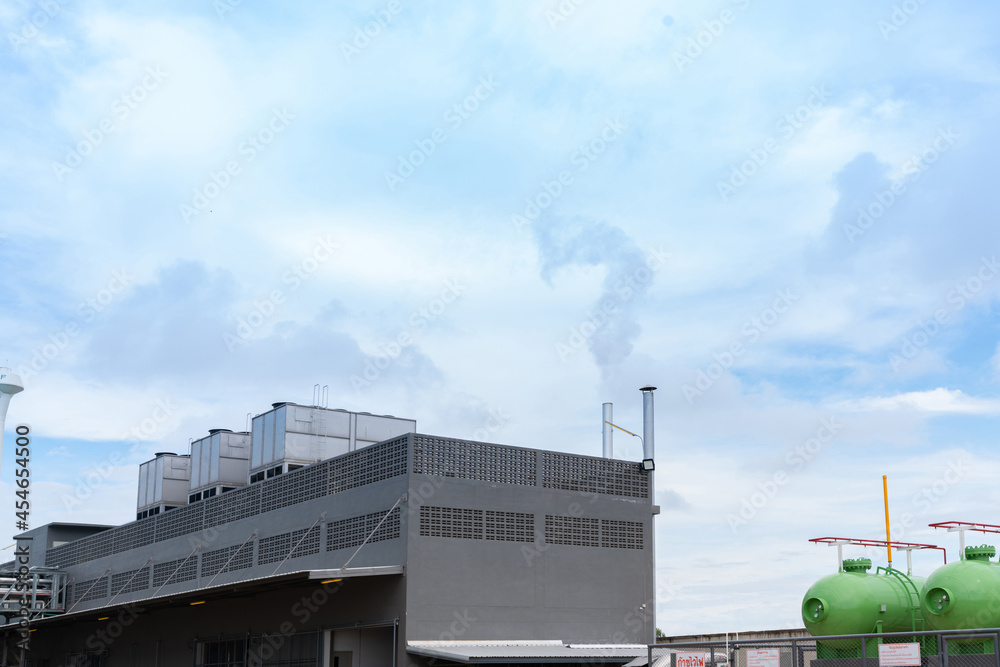 Stack boiler and chiller on top roof building released smoke. Stock ...