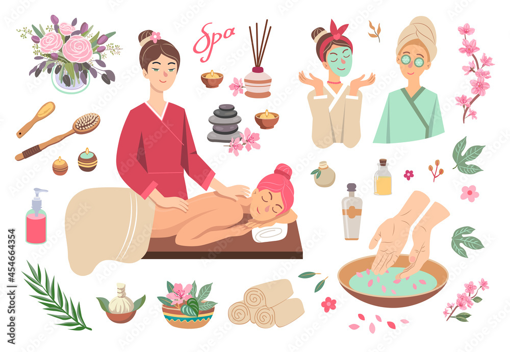Colorful set of spa symbols cartoon vector illustration. Female ...