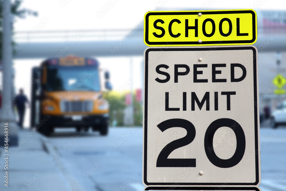 Traffic sign. School zone yellow warning board. Speed limit 20 Stock ...