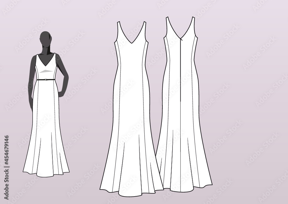 Vetor de EVENING GOWN, FULL LENGTH, BELL HEM. Fashion design technical ...
