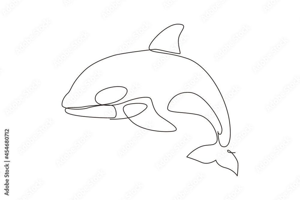Single continuous line drawing whale killer orca in water. Wild whale ...