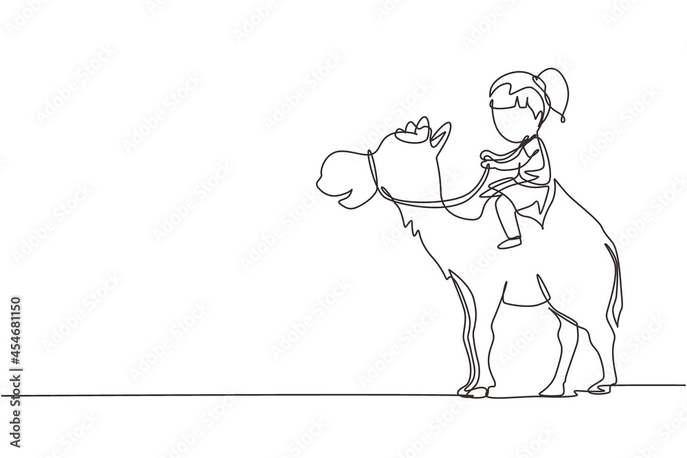 Single continuous line drawing happy little girl riding camel. Child ...