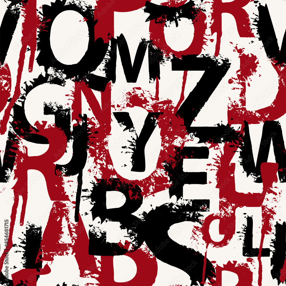 Seamless pattern with red and black letters in form of paint blots and ...