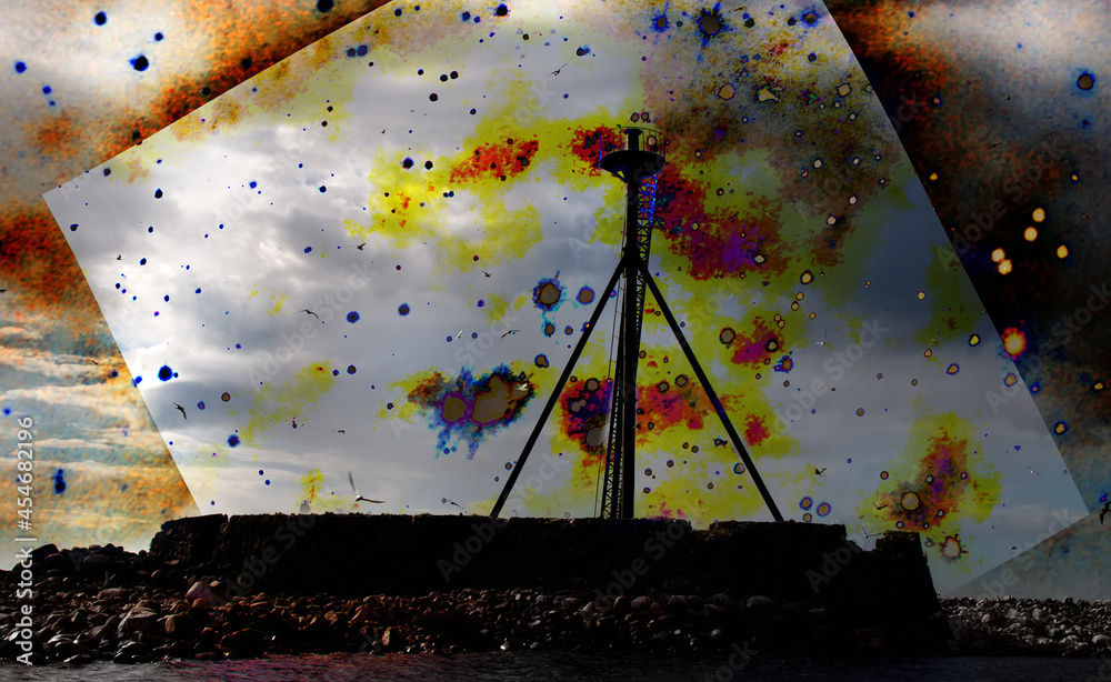 Geography of Earth and cosmos. Old triangulation tower against ...