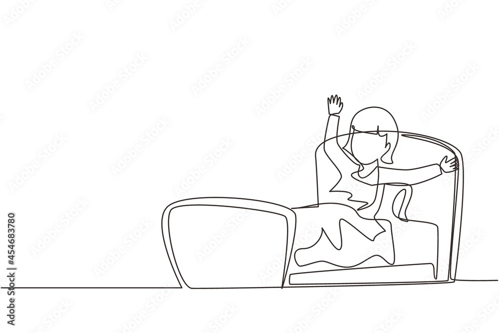 Continuous one line drawing little girl wake up and still yawning ...