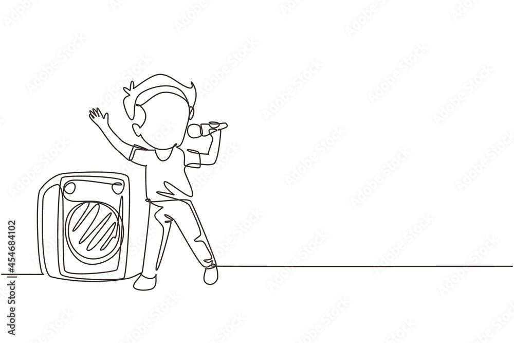 Continuous one line drawing happy cute little kid boy sing a song. Good ...