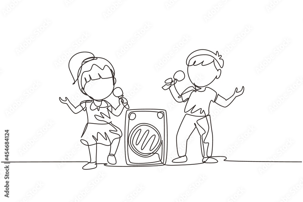 Single one line drawing little boy and girl sing a song together. Good ...
