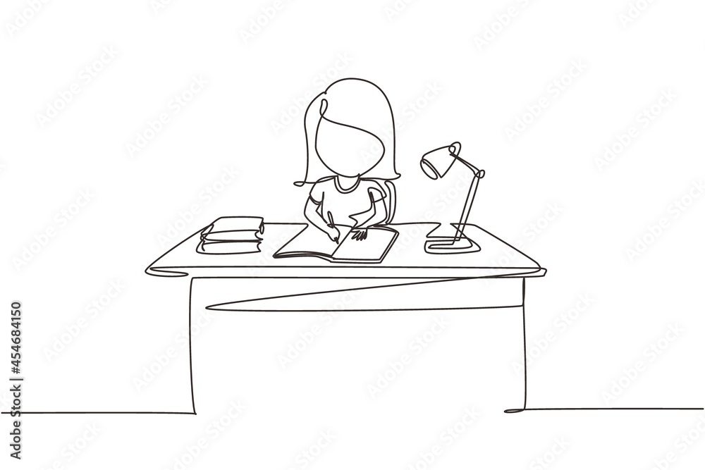 Continuous one line drawing girl studying on table with study lamp and ...