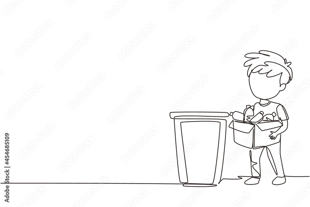 Continuous one line drawing boy gathering garbage and plastic waste for ...