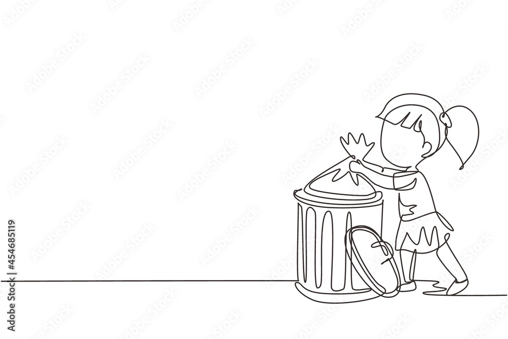 Single continuous line drawing little girl taking out the trash. Kids ...