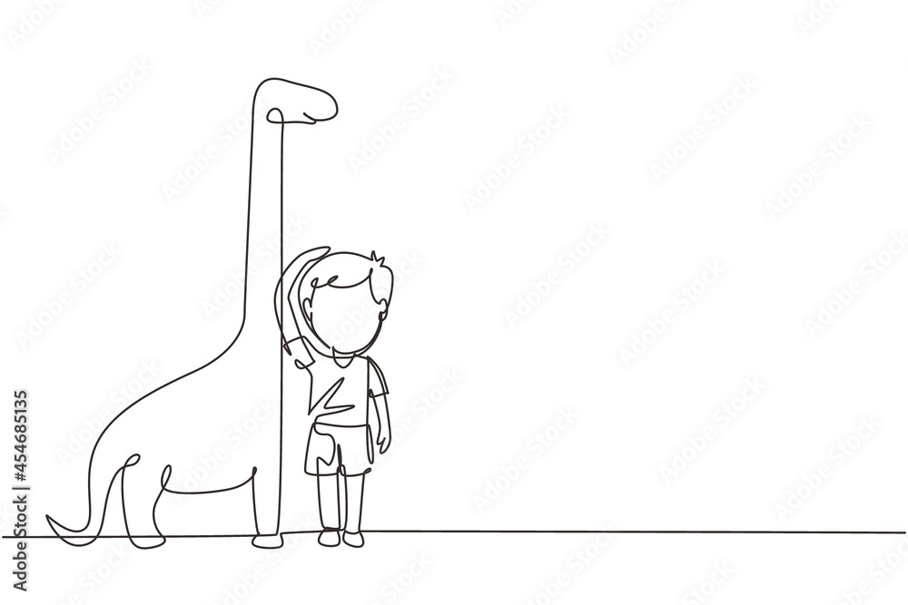 Single continuous line drawing little boy measuring his height with ...
