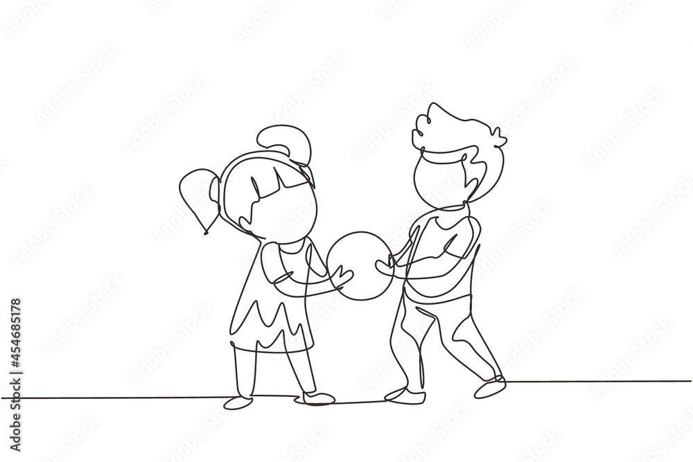 Continuous one line drawing Kids girl and boy brother sister fighting ...
