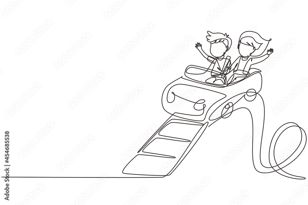Single continuous line drawing kids on rollercoaster rides. Boy and ...