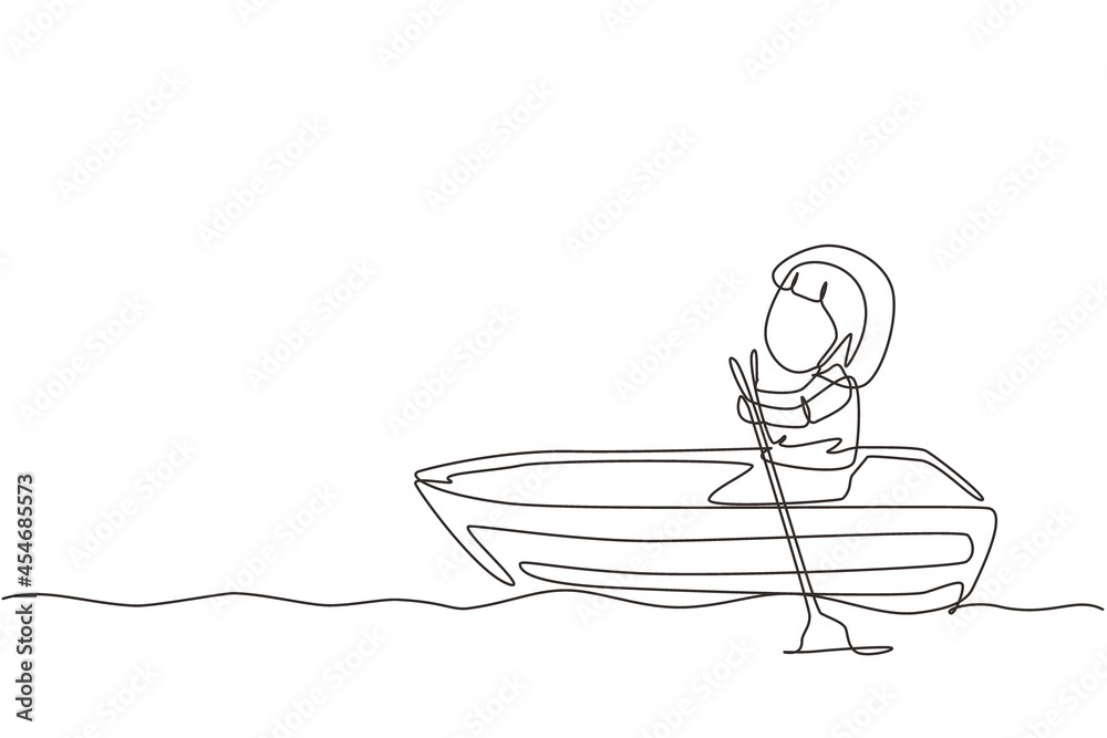 Continuous one line drawing cute little girl riding on boat at river ...