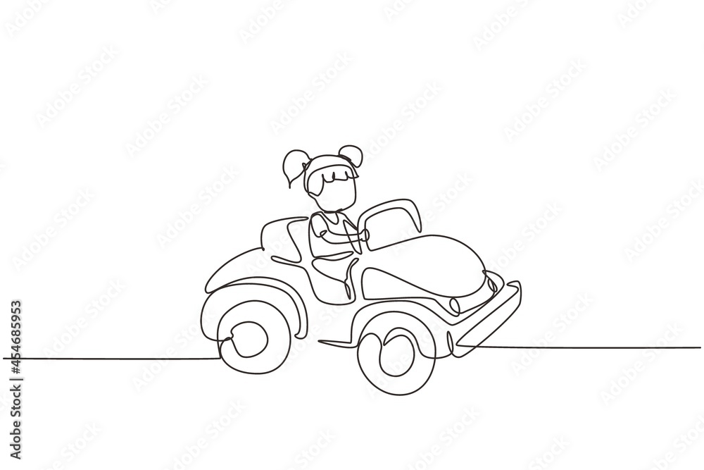 Single continuous line drawing girl driving car, happy cute child ...