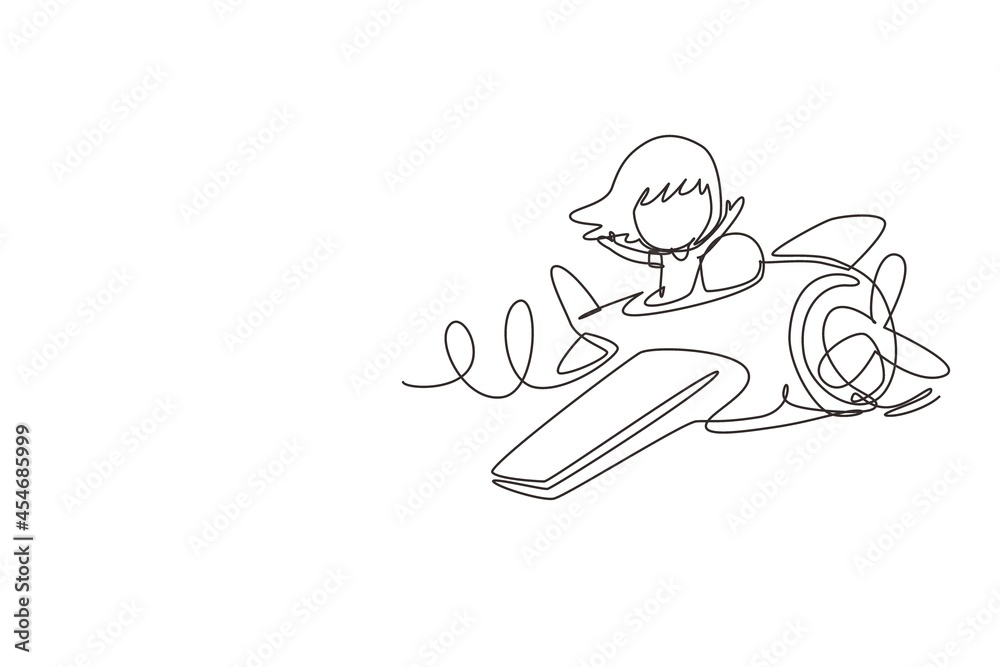 Single one line drawing little girl operating plane. Kids flying in ...