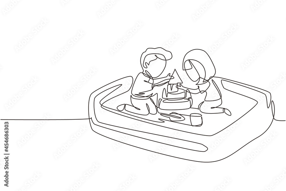 Single continuous line drawing boy and girl of preschool age are playing in sandbox. Two little ...