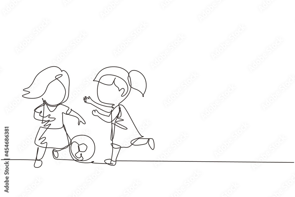 Continuous one line drawing girls playing football together. Two happy ... Continuous one line drawing girls playing football together. Two happy ...
