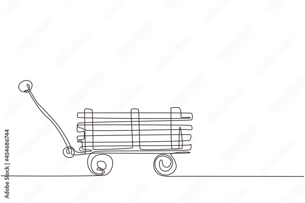 Continuous one line drawing toy mini wagon with wooden. Farm ...