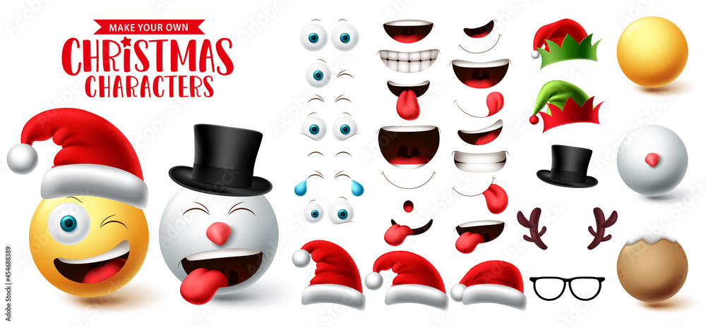 Christmas emoji creation vector set. Smiley face eyes, mouth, hat and ...