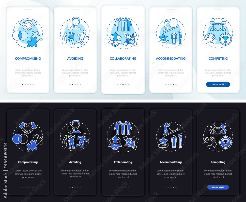 Conflict resolution onboarding mobile app page screen. Work relations ...