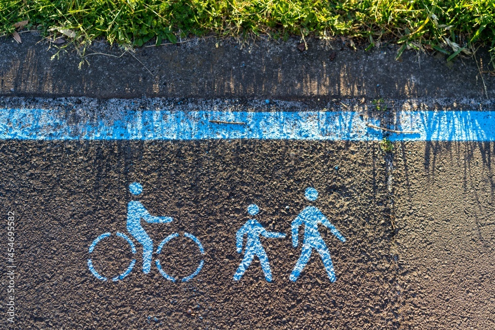 Shared path sign on shared pathway for bicycle riding lane and ...