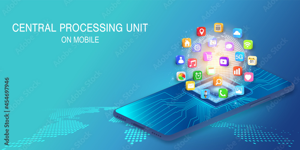 Vetor de CPU of phone. Microchip, smd electronic components of mobile ...