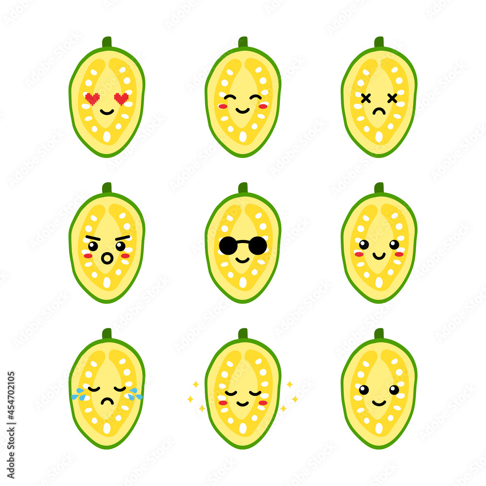 Set, collection, pack of jackfruit emoji, vector cartoon style icons of ...