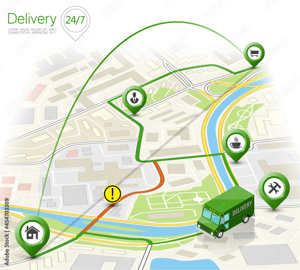 Delivery navigation route, City map point marker isometric delivery van ...