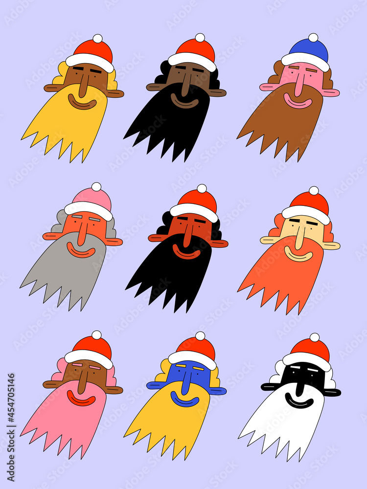 Set of mixed-race portraits of Santa Claus. Multiethnic Christmas and ...