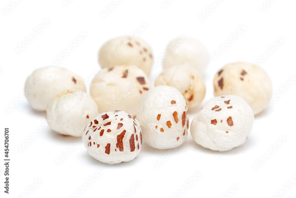Micro close-up and details of Organic Indian makhane (puffed lotus seed ...