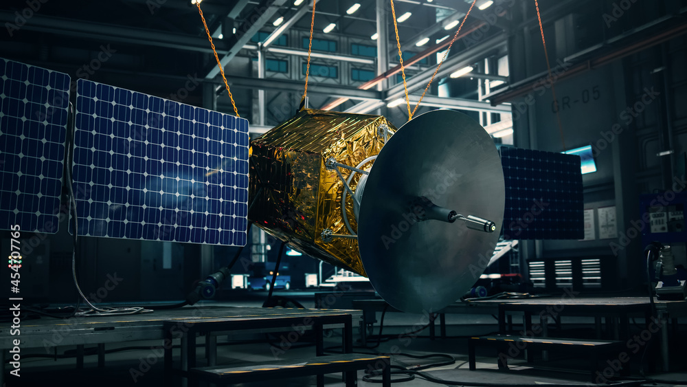 Satellite Under Construction in Dark Aerospace Technology Manufacturing ...