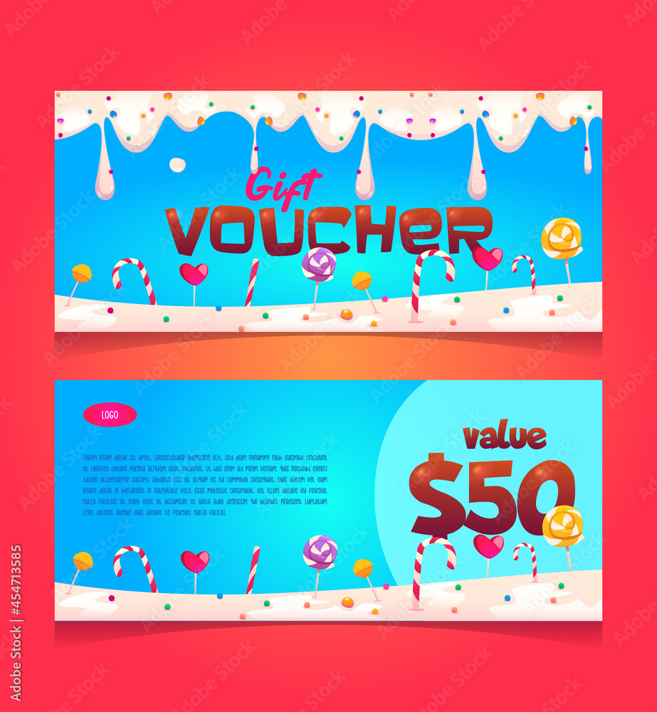 Gift voucher, shopping certificate with sweets, candies, lollipops and ...