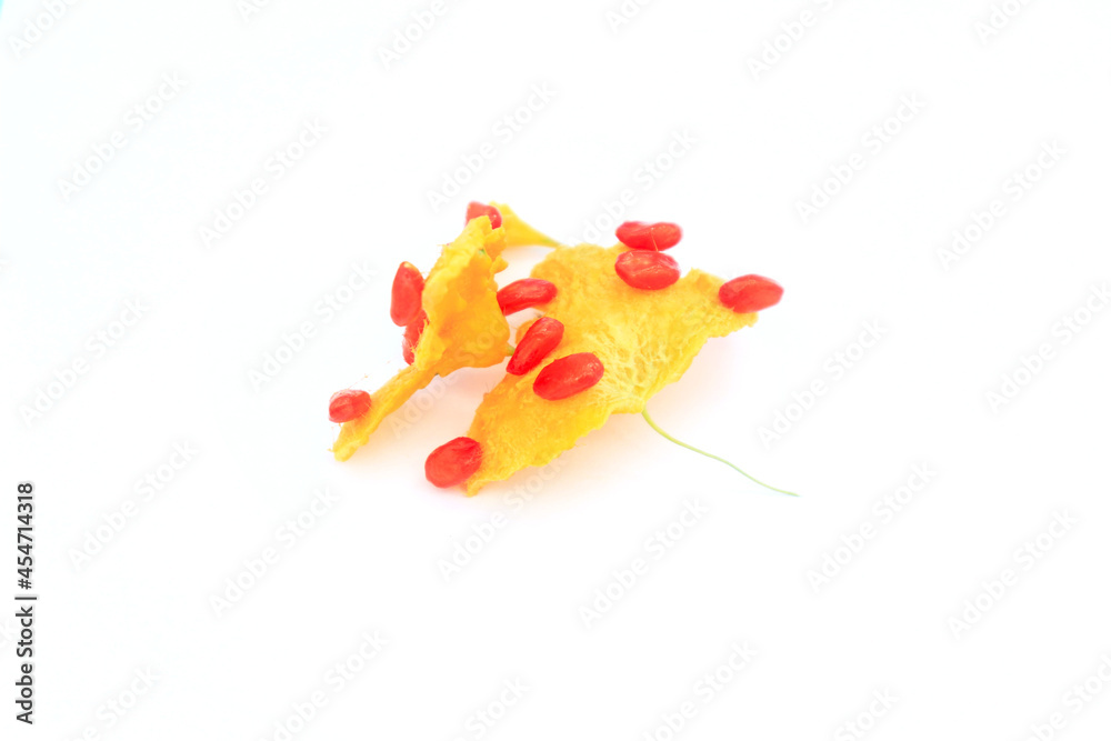 Bitter gourd Ripe fruit with red seeds. Sweet taste. Cooked and ...