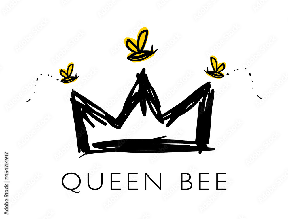Queen slogan text and crown drawing with bees, design for fashion ...