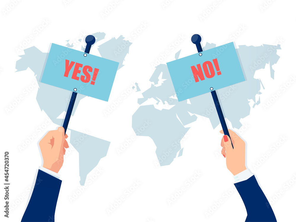Vector of a Yes and No banner in man and woman hand on a world map ...